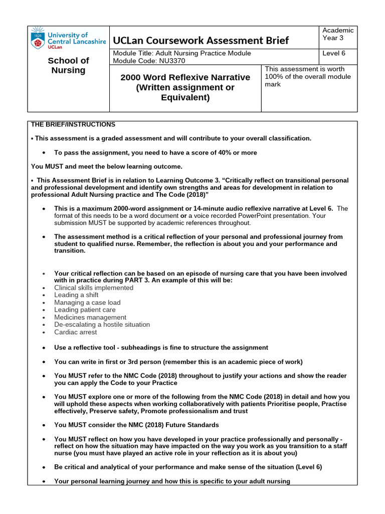 Reflexive Narrative Assessment Brief NU3370 (S22 BSC) | PDF | Nursing ...