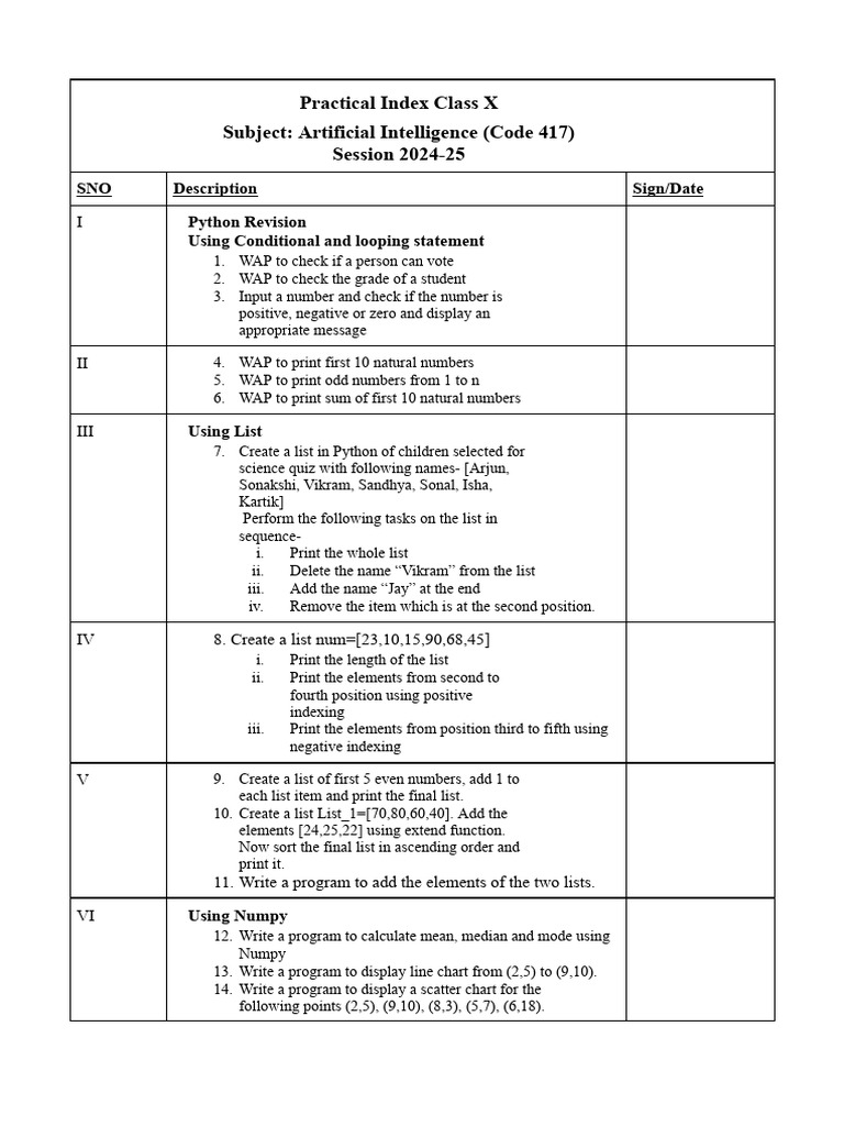 Practical Index Class X AI | PDF | Python (Programming Language ...
