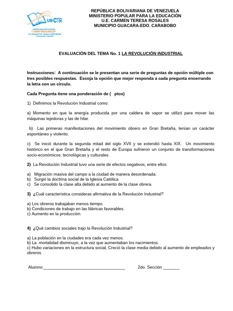 Prueba Revolución Industrial 2 | PDF