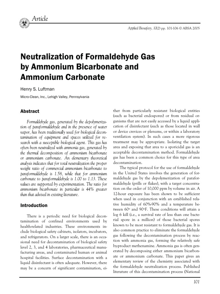 Luftman 2005 Neutralization of Formaldehyde Gas by Ammonium Bicarbonate ...