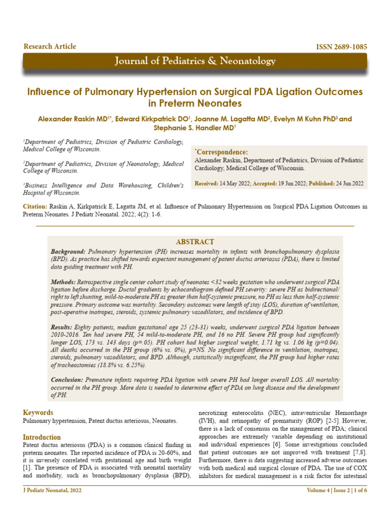 Influence of Pulmonary Hypertension On Surgical Pda Ligation Outcomes ...