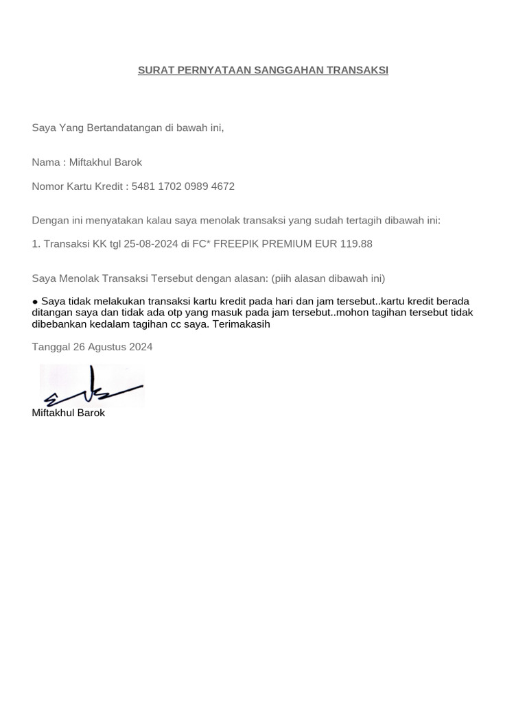Surat Pernyataan Sanggahan Transaksi | PDF | Bisnis