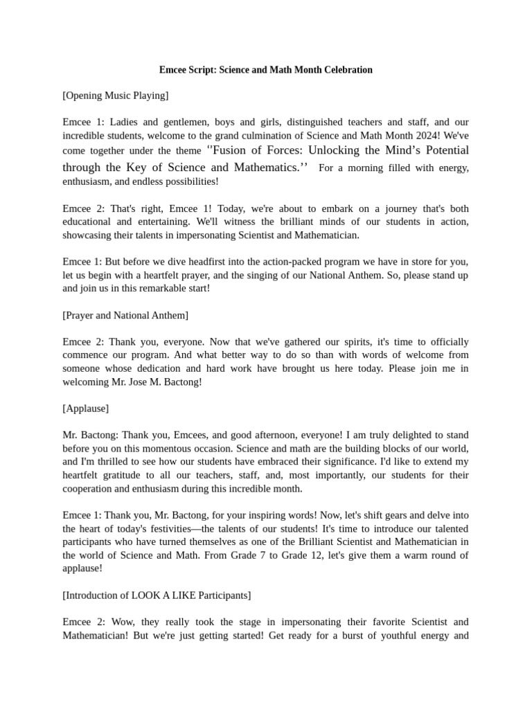 Emcee Script For ScieMath | PDF