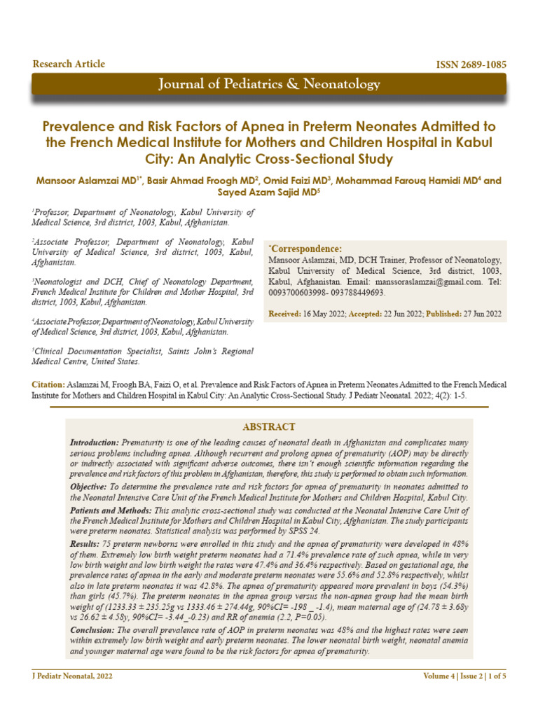 Prevalence and Risk Factors of Apnea in Preterm Neonates Admitted To ...