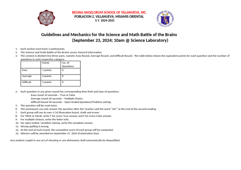 Science and Math Battle Guidelines 2024 | PDF