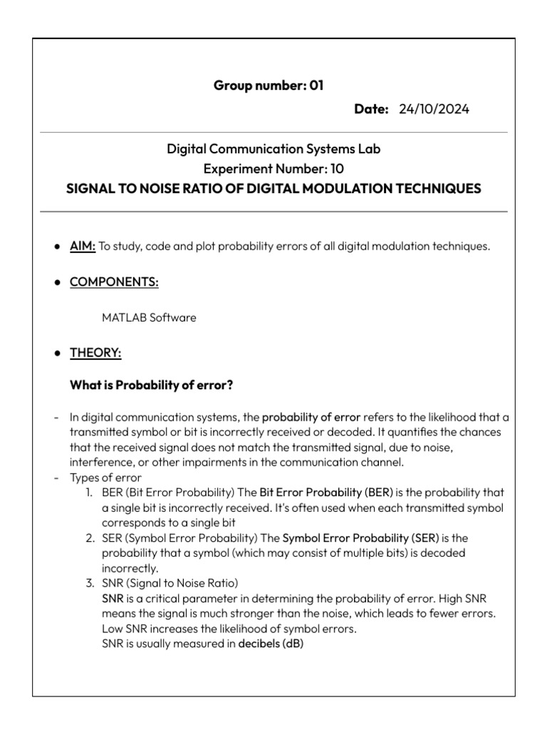 DCS Lab 10 SNR | PDF | Signal To Noise Ratio | Computer Engineering