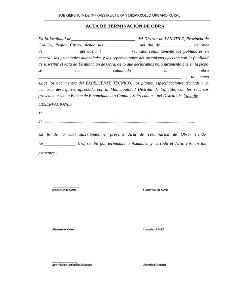 Acta de Terminación de Obra | PDF