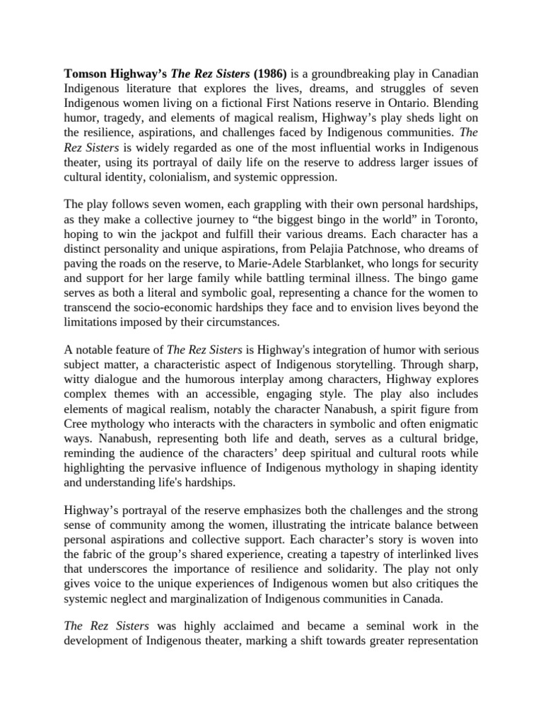 Tomson Highway's The Rez Sisters (1986) | PDF | Social Science | Art