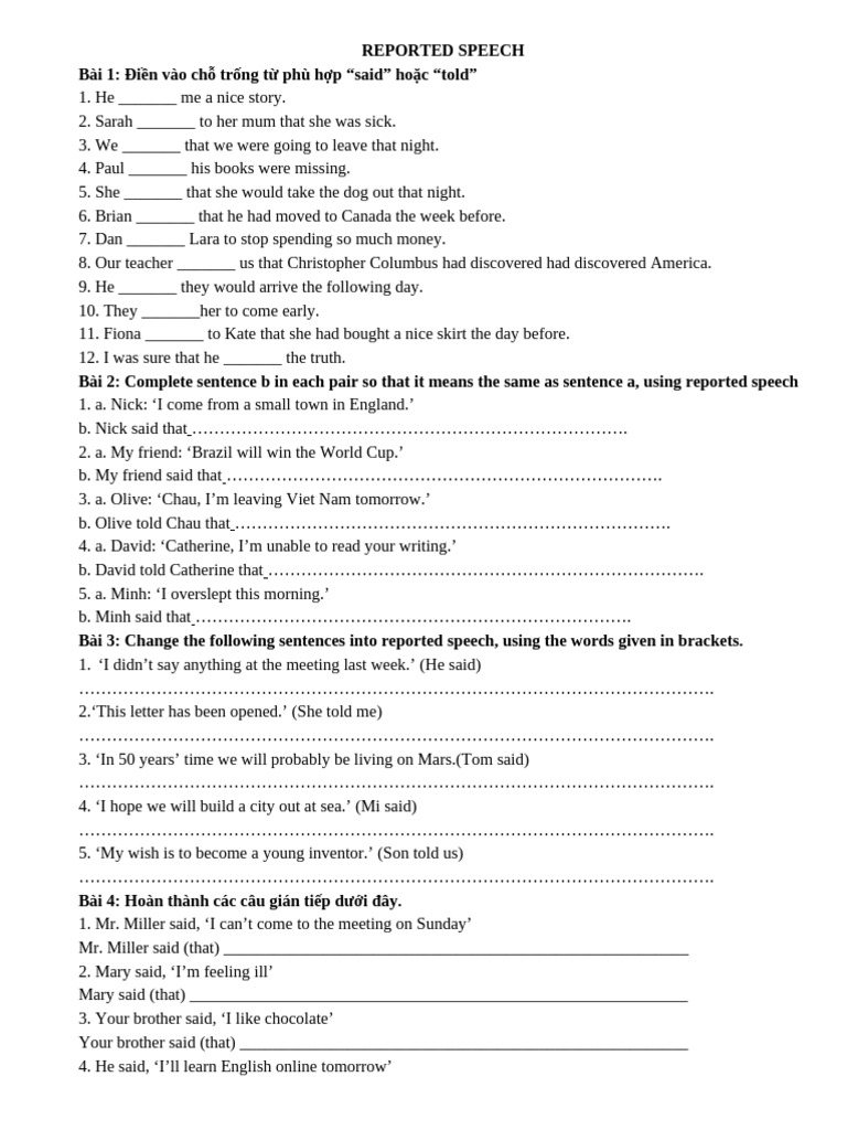 Reported Speech Exercises and Answers | PDF