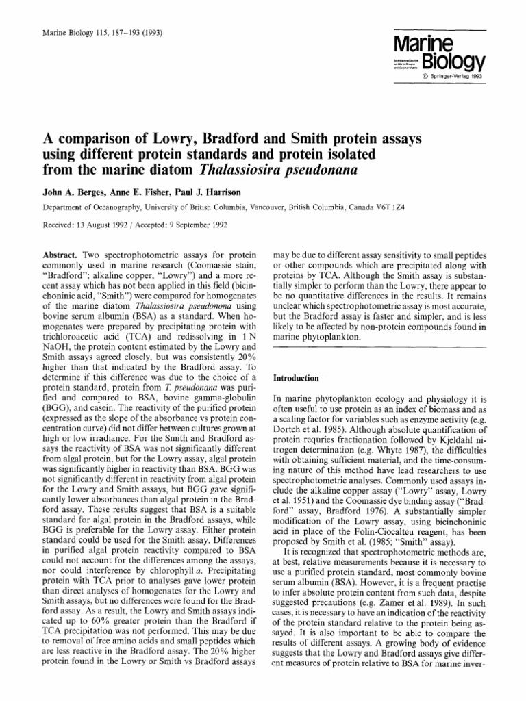 A Comparison of Lowry, Bradford and Smith Protein Assays BF00346334 ...