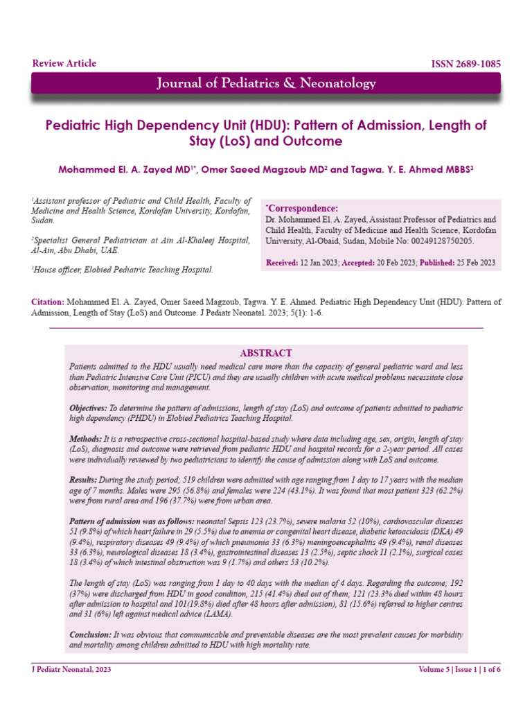 Pediatric High Dependency Unit Hdu Pattern of Admission Length of Stay ...