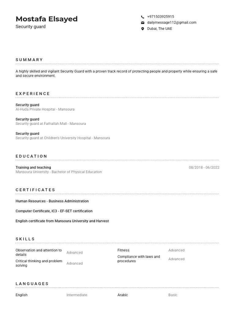 Mostafa Elsayed - Security Guard - CV | PDF