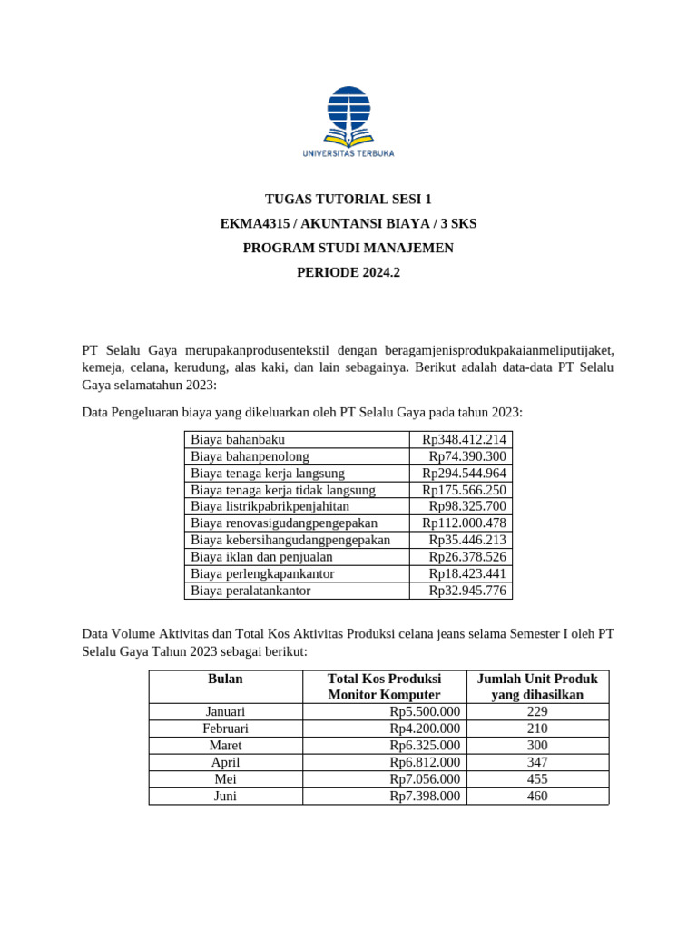 Soal Tugas 1 Akuntansi Biaya Agung Wardani Nim 052236687 | PDF