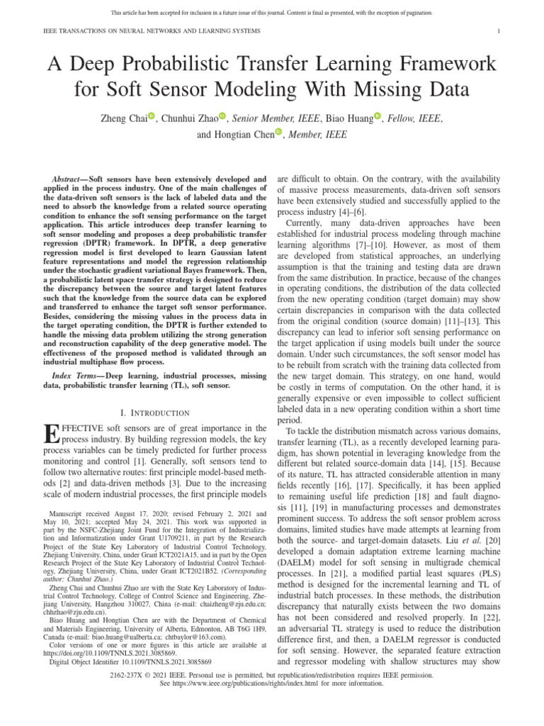 18.A Deep Probabilistic Transfer Learning Framework For Soft Sensor Modeling With Missing Data ...