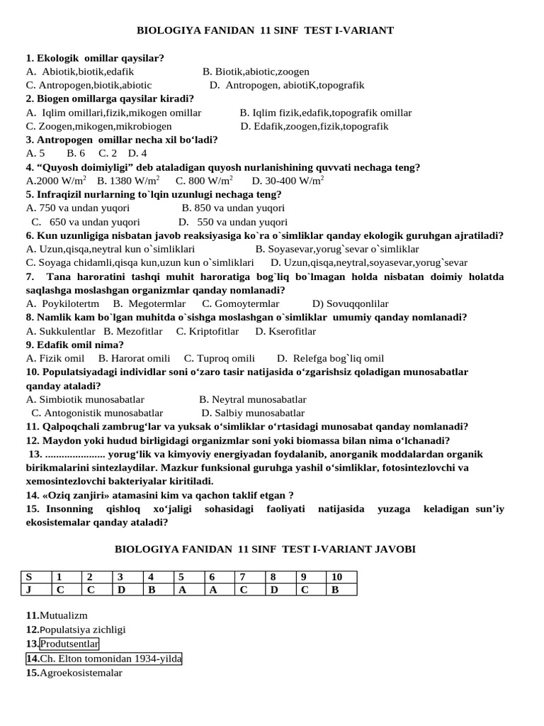 11 Sinf Uchun Biologiya Fanidan I-Yarim Yillik Uchun Test | PDF
