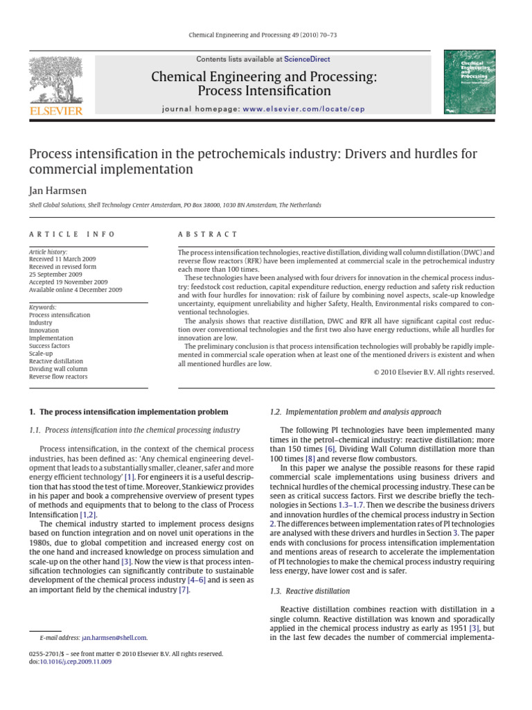 Process Intensification in The Petrochemical Industry | PDF | Risk | Chemical Reactor
