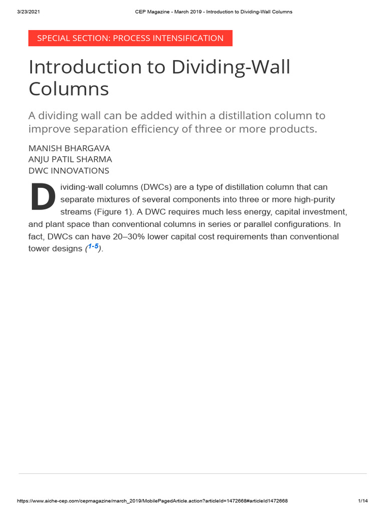 CEP Magazine - March 2019 - Introduction To Dividing-Wall Columns | PDF ...
