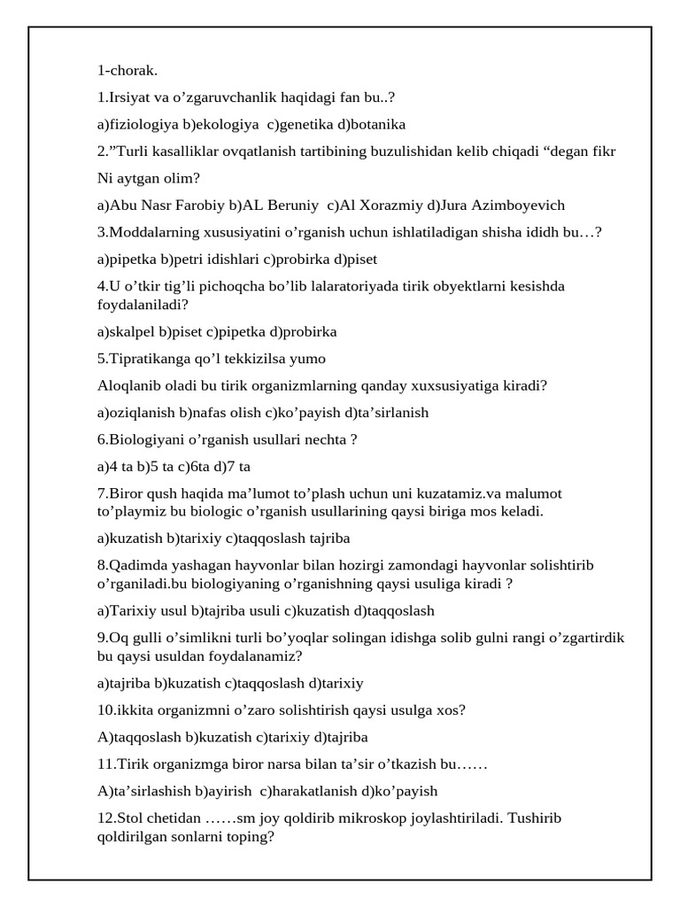 25 Talik Test 5-Sinf Biologiya 1-4-Chorak | PDF