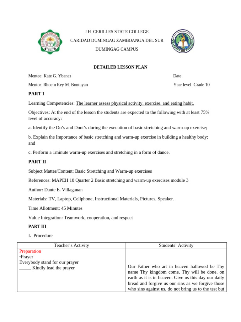 LESSON PLAN | PDF | Flexibility (Anatomy)