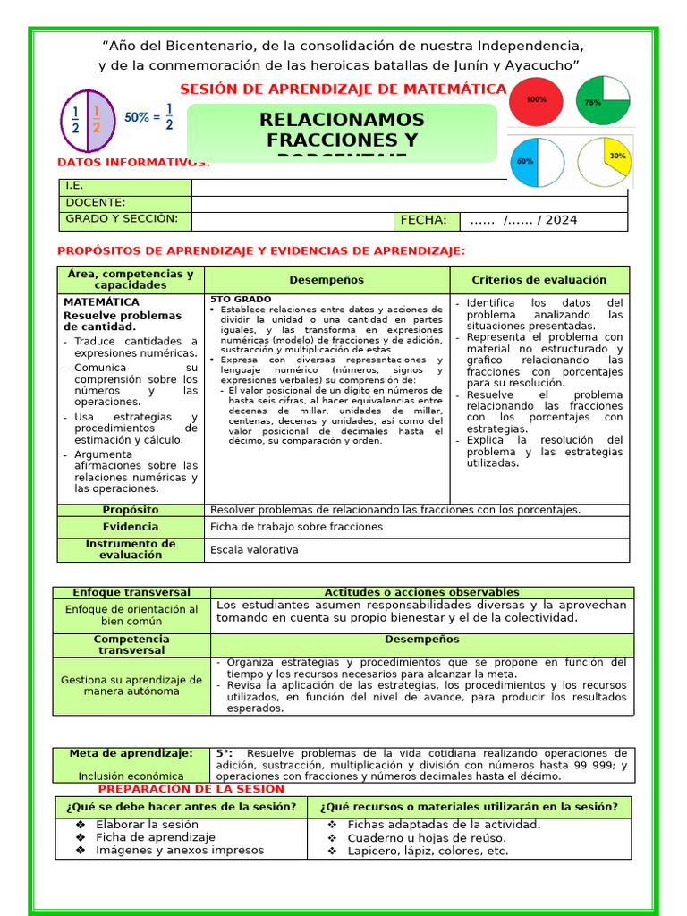 Ses-Lun-Mat-Relacionamos Fracciones y Porcentaje | PDF | Números ...