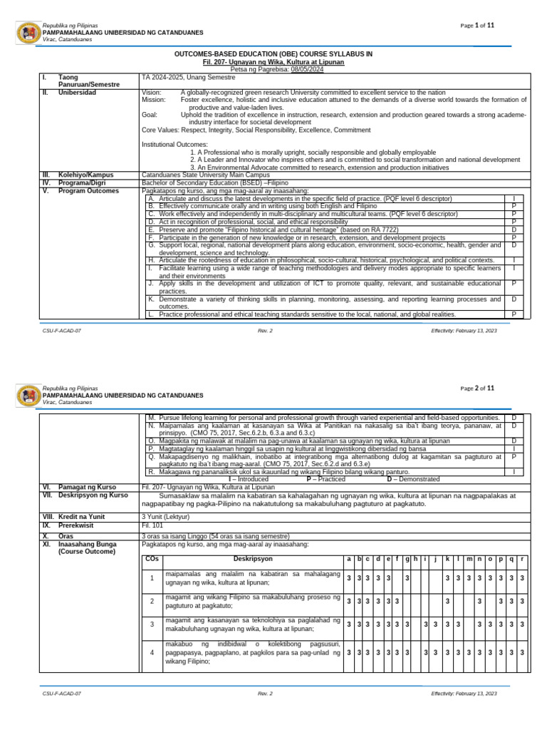 OBE SYllabus in Fil. 207 Ugnayan NG Wika, Kultura at Lipunan | PDF