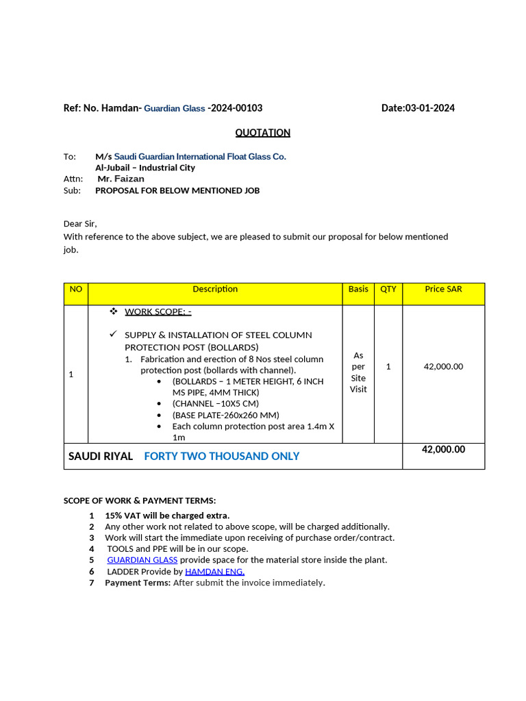 103 Quotation For Steel Column Protection Post (Bollards) | PDF