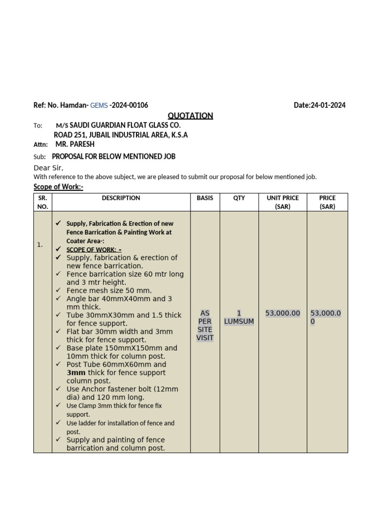 Fencing Work Quotation for Guardian Glass | PDF