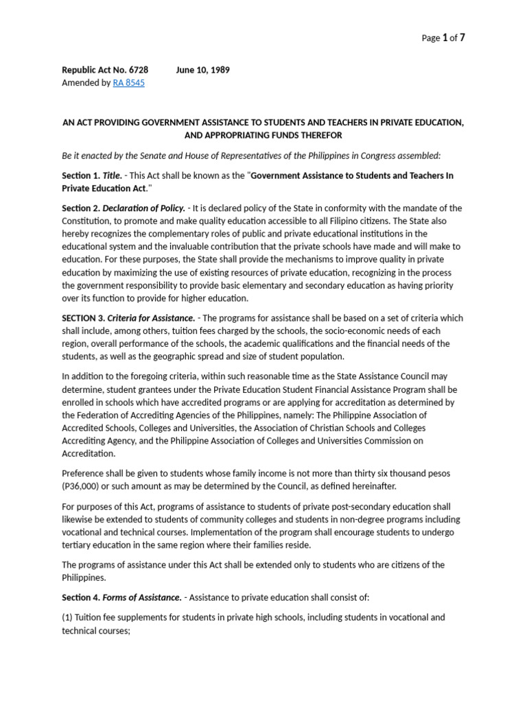 Republic Act No. 6728 Amended by RA 8545 | PDF | Private School ...