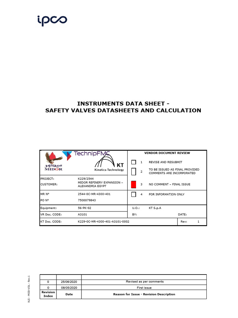 Instruments Data Sheet - Safety Valves Datasheets and Calculation | PDF | Valve | Pressure