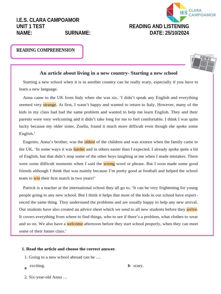 UNIT 1 Reading & Listening 4º ESO | PDF | Foreign Language Studies | Wellness