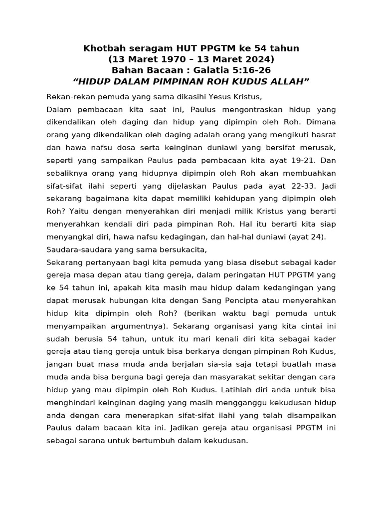Khotbah Seragam HUT PPGTM Ke 54 Tahun | PDF | Agama & Spiritualitas