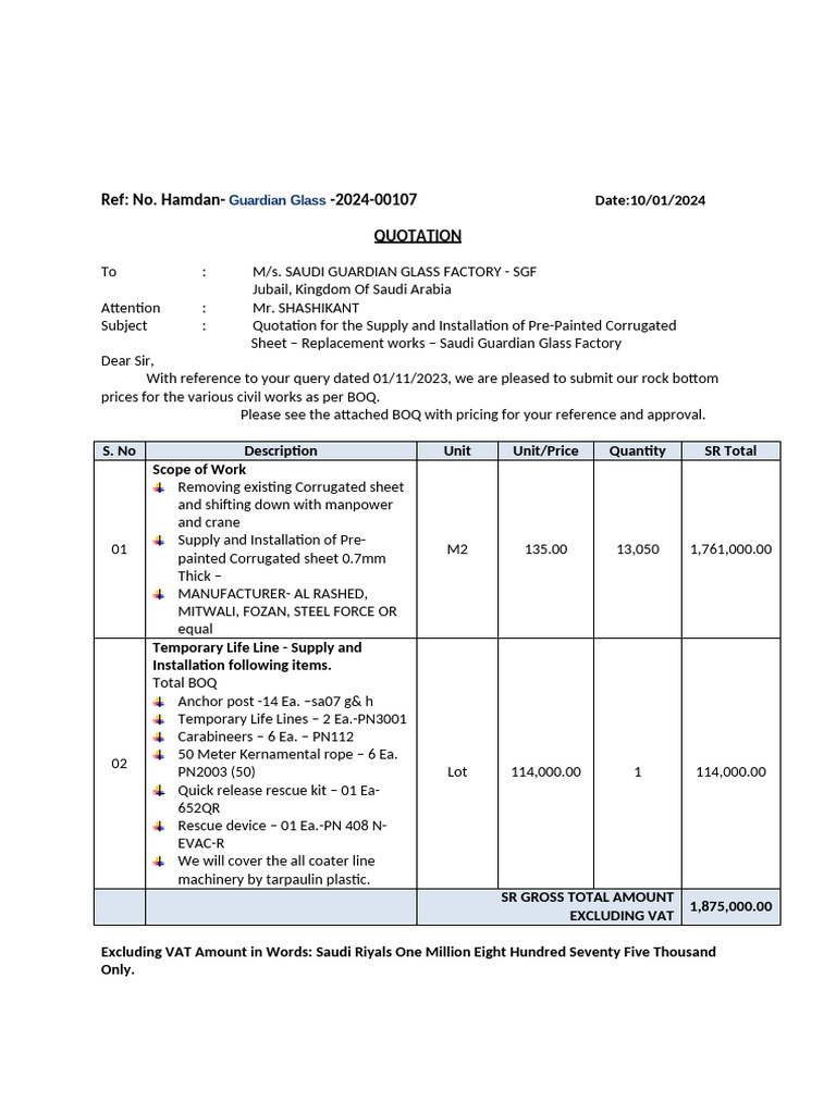 107 Quotation For Replacement of Corrugated Sheet Works at Saudi ...
