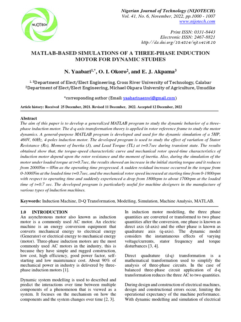 Matlab Based Simulations of A Three Phas | PDF | Electric Motor | Alternating Current