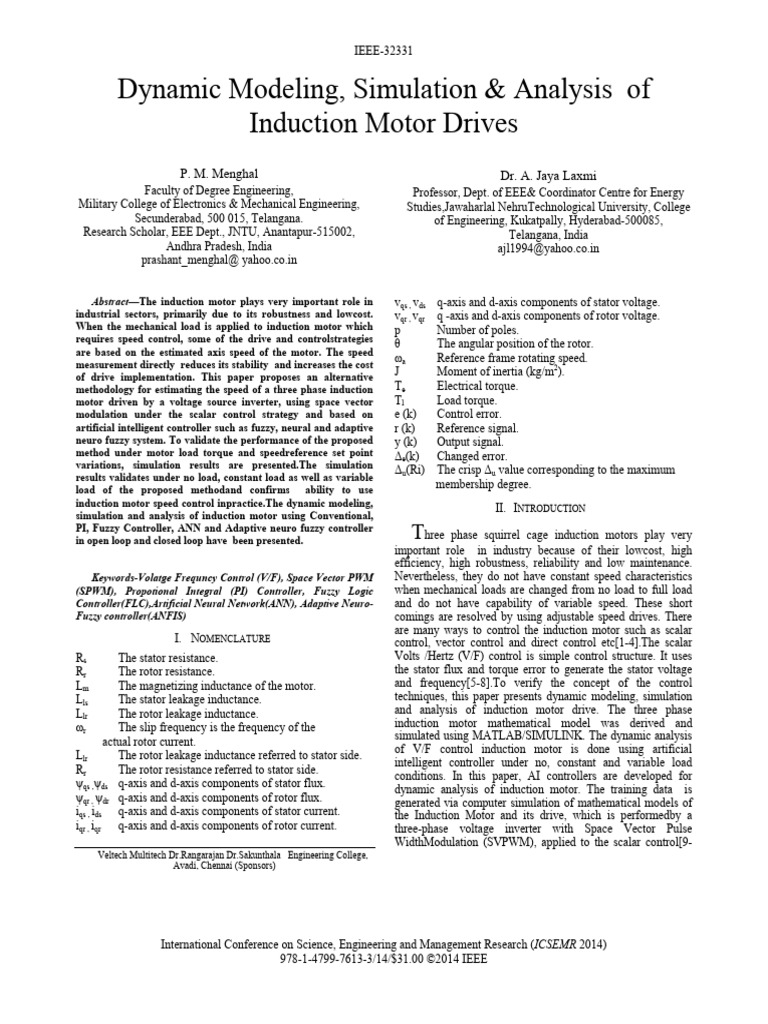 Dynamic Modeling Simulation And Analysis Pdf Electric Motor Fuzzy Logic