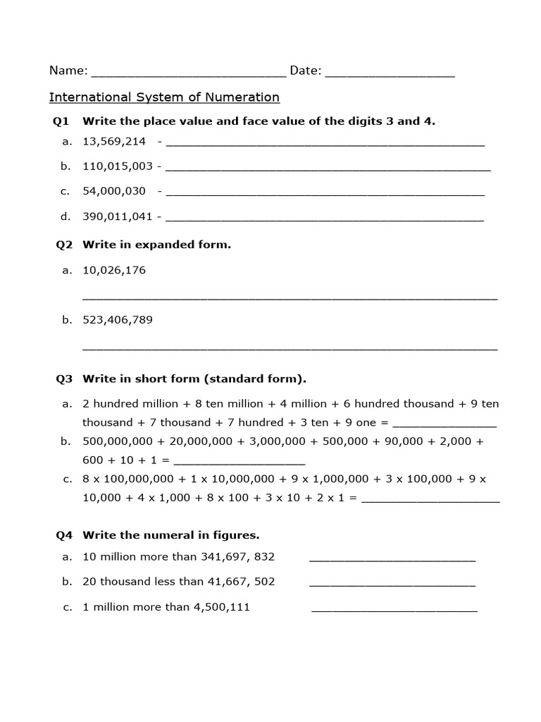 International System of Numeration Worksheet 2 | PDF