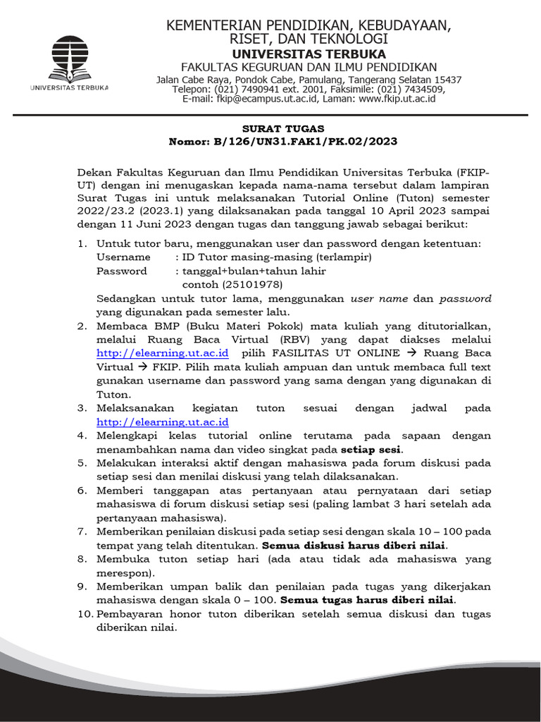Surat Tugas Tuton 2023.1 TP | PDF