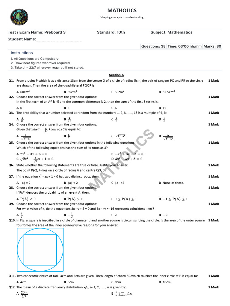 PreBoard 3 | PDF | Circle | Elementary Mathematics