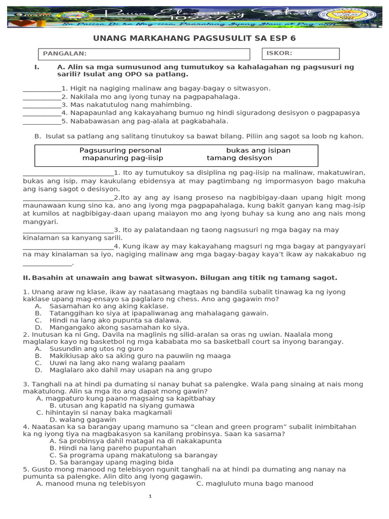 Unang Markahang Pagsusulit Sa Esp 6: Pagsusuring Personal Bukas Ang Isipan Mapanuring Pag-Iisip ...