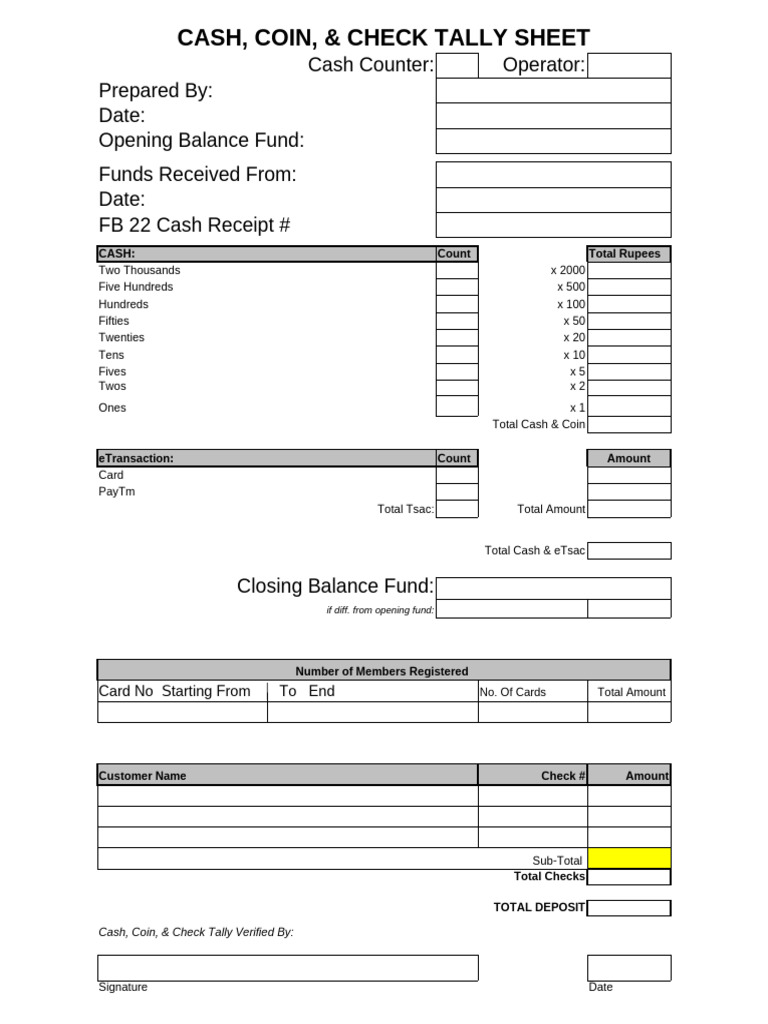 Cash, Coin, & Check Tally Sheet | PDF | Cash | Money