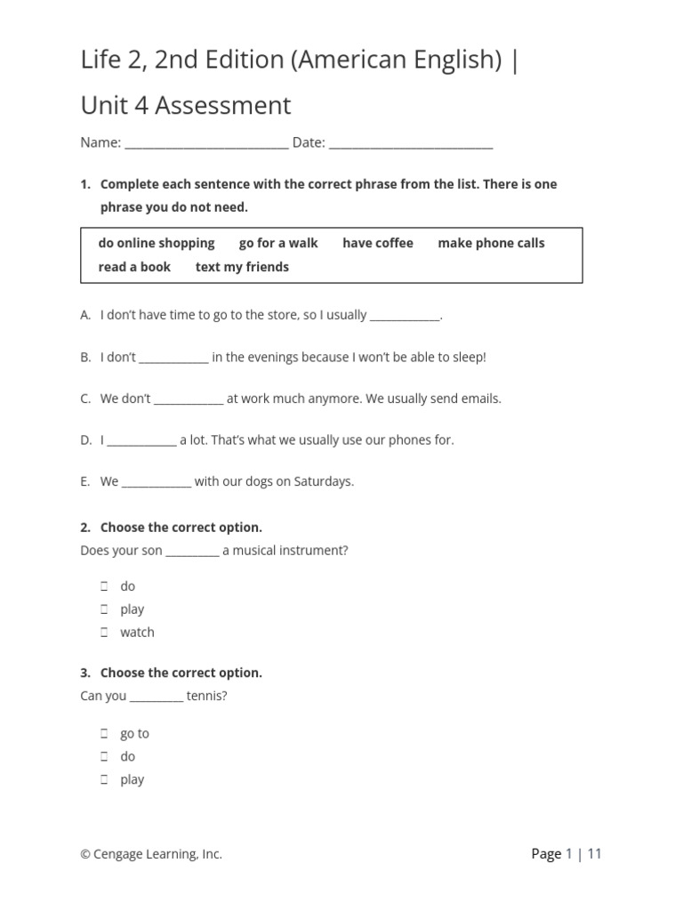 Life 2, 2nd Edition (American English) - Unit 4 Assessment | PDF ...
