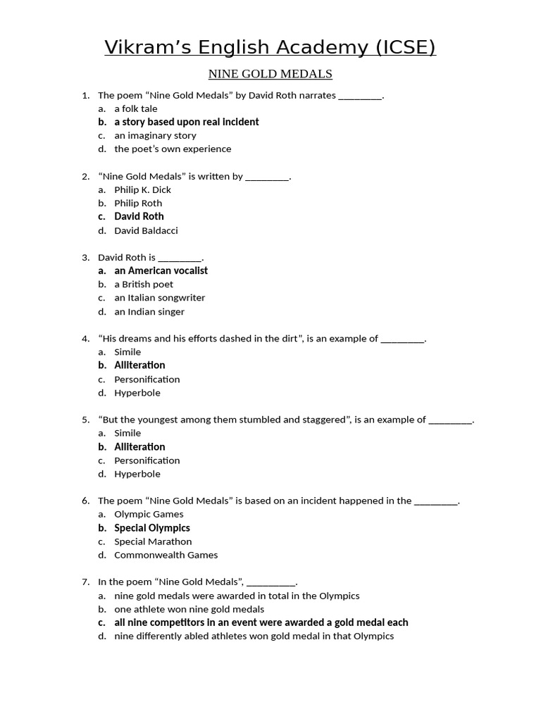 LMR - Nine Gold Medals - 50 MCQS - 434 | PDF | Poetry