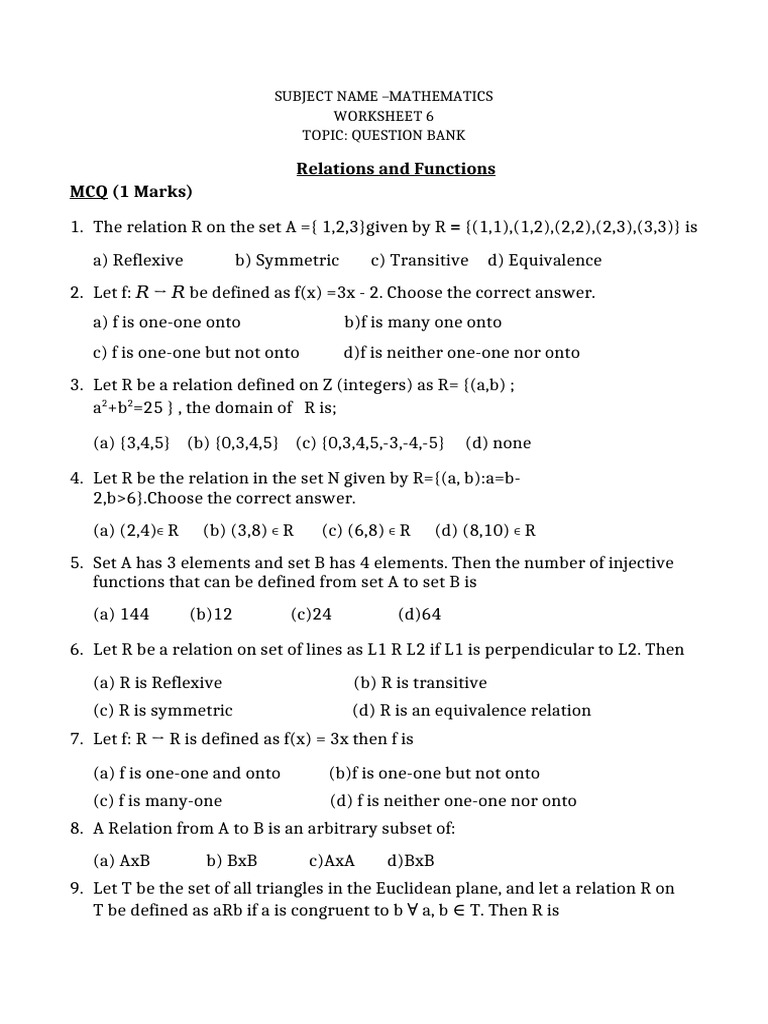 Mathematics Worksheet: Relations & Functions | PDF | Matrix (Mathematics) | Function (Mathematics)