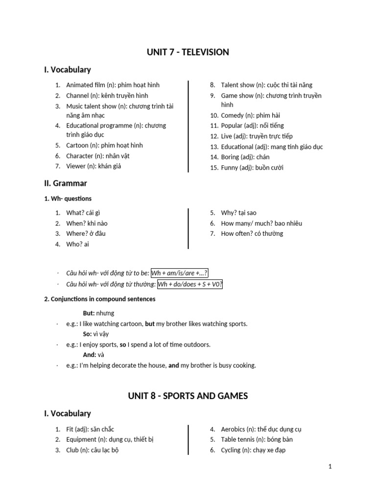 Vocabulary and Grammar for TV and Sports | PDF