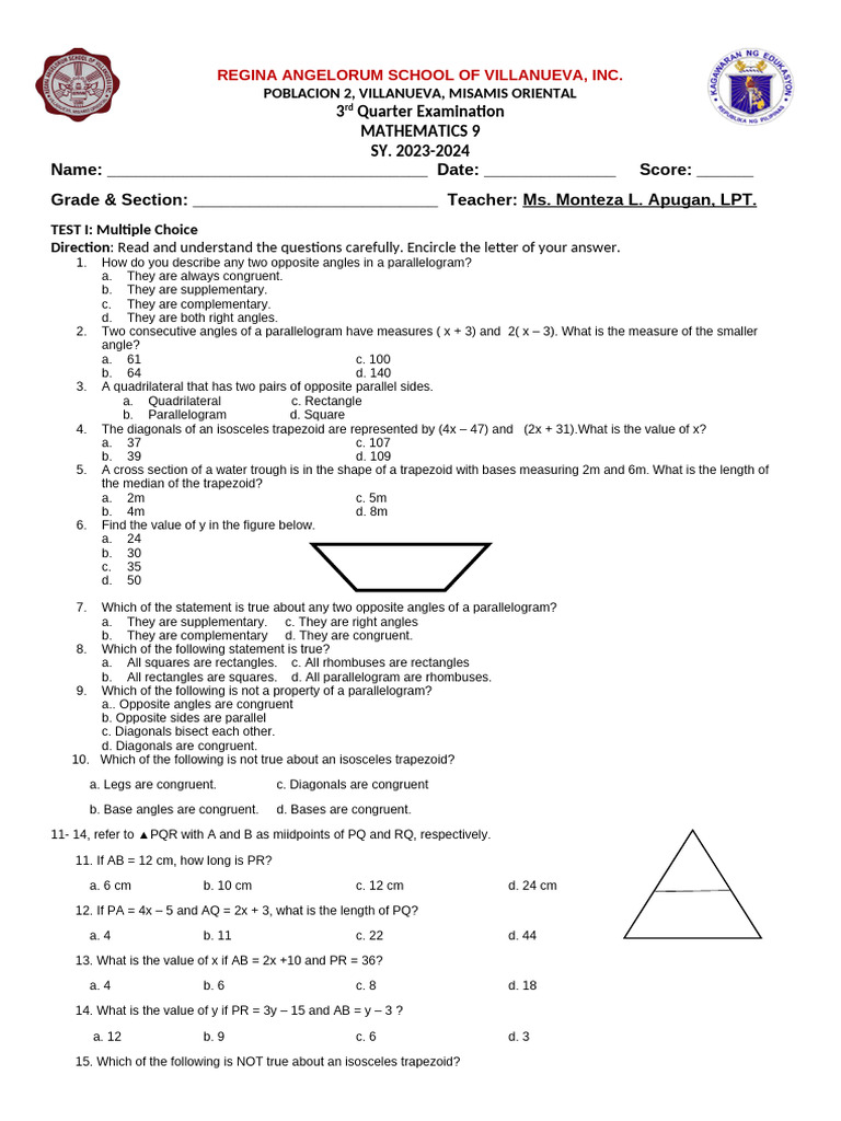 3 QUARTER EXAM | PDF | Line (Geometry) | Rectangle