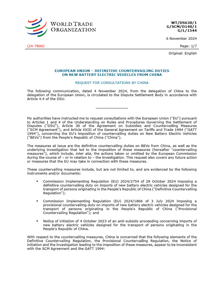 China Requests WTO Dispute Consultations With EU Over EV Import Tariffs | PDF | World Trade ...