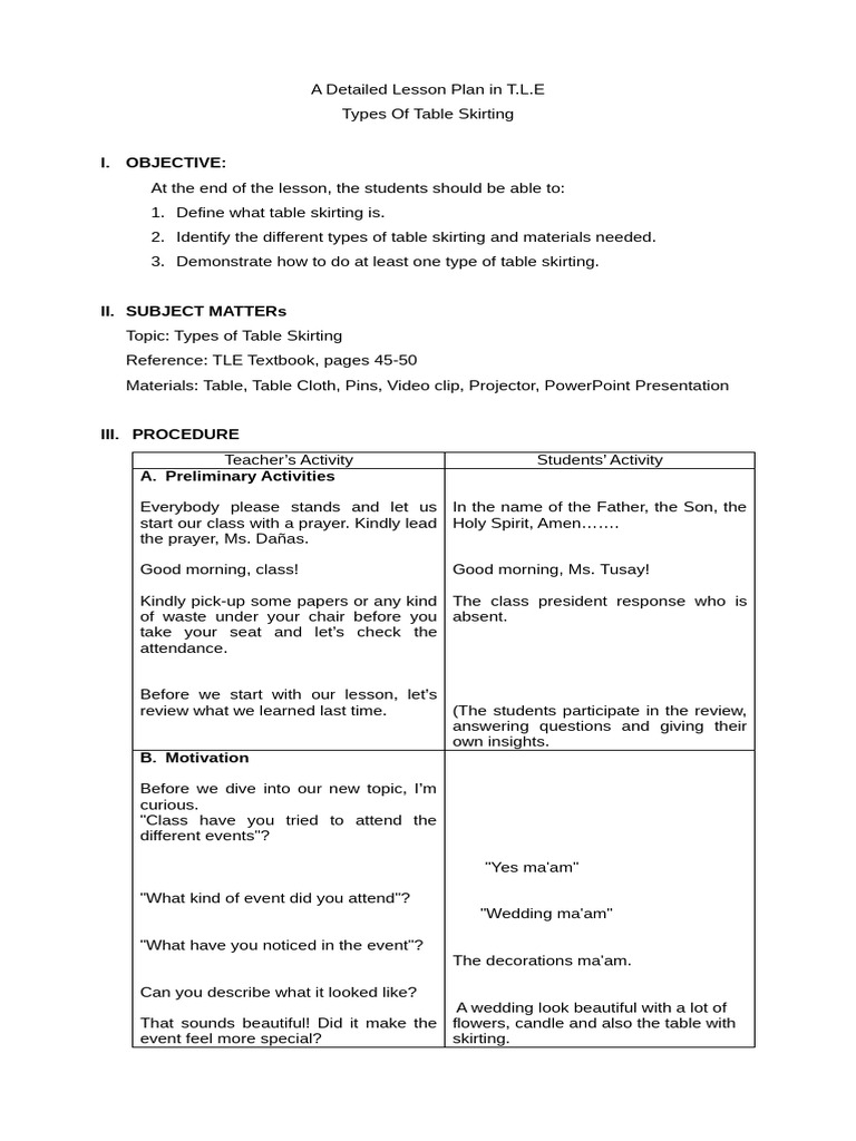 A Detailed Lesson Plan in T | PDF | Clothing