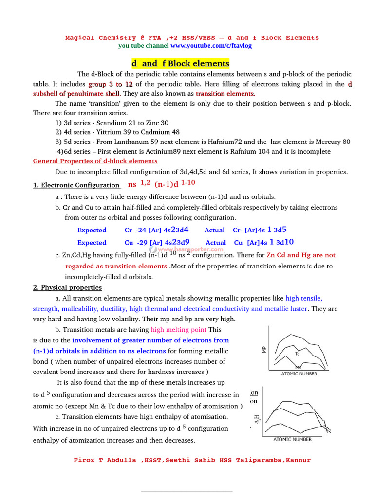 HSSRPTR - +2 Chemistry D and F Block HSS+2 | PDF | Transition Metals ...