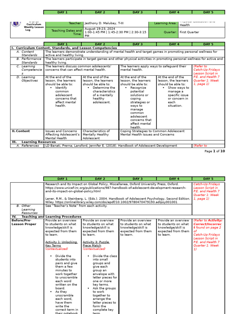 Lesson Plan in Pe and Health 7 | PDF | Physical Education | Learning
