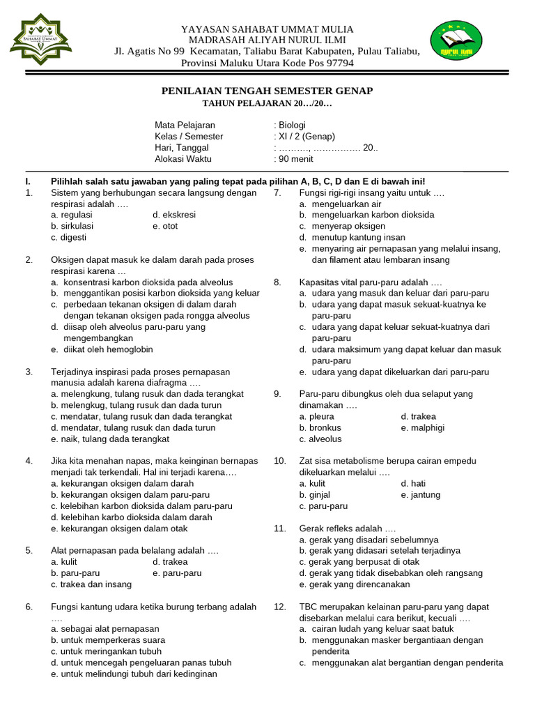 Soal PTS II Biologi Kelas XI | PDF