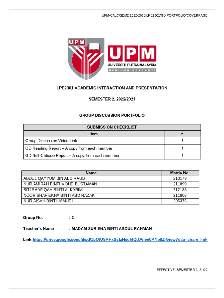 Lpe2301 GD Portfolio Cover Page Sem2.22.23 | PDF